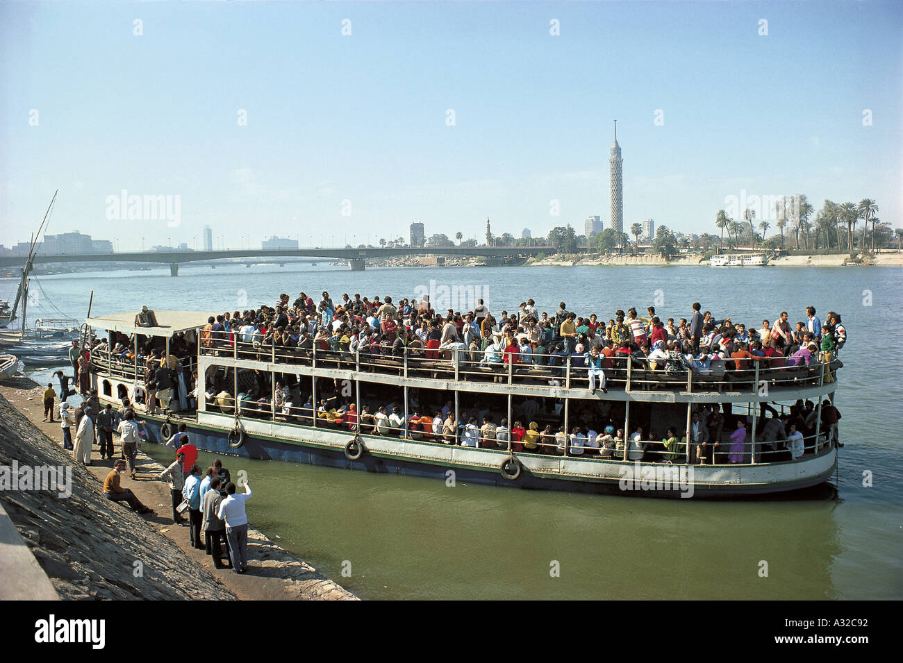 Crowded ferry on the Nile River in Cairo with Egyptians celebrating eid ...
