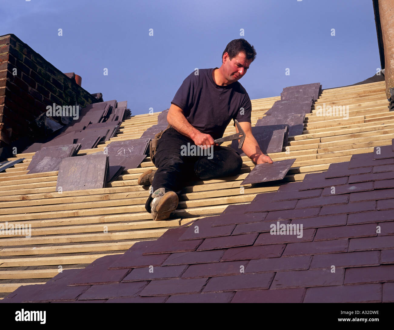 Roofer laying slate on roof Denbigh North Wales United Kingdom UK Stock ...
