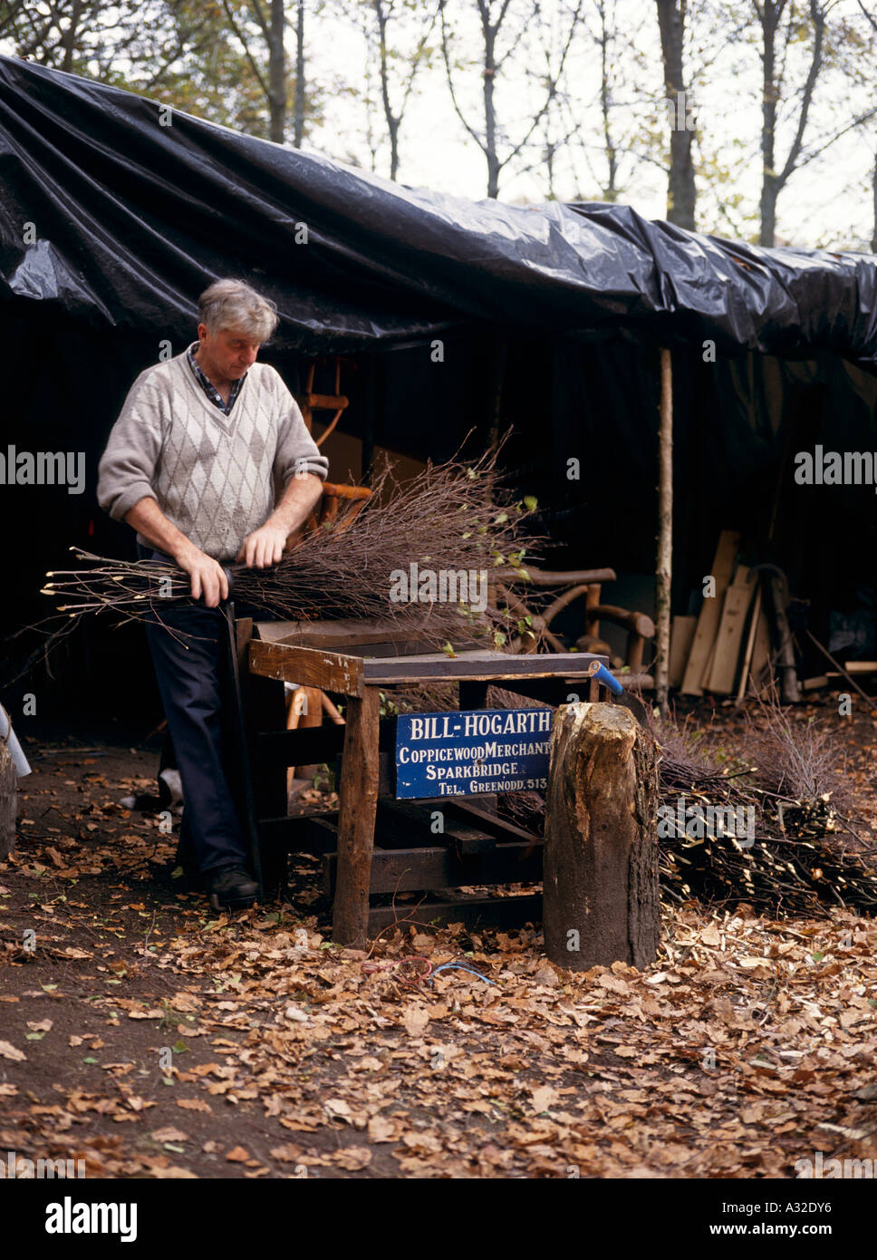 Bill Hogarth making besoms brooms out of birch branches Cumbria England ...