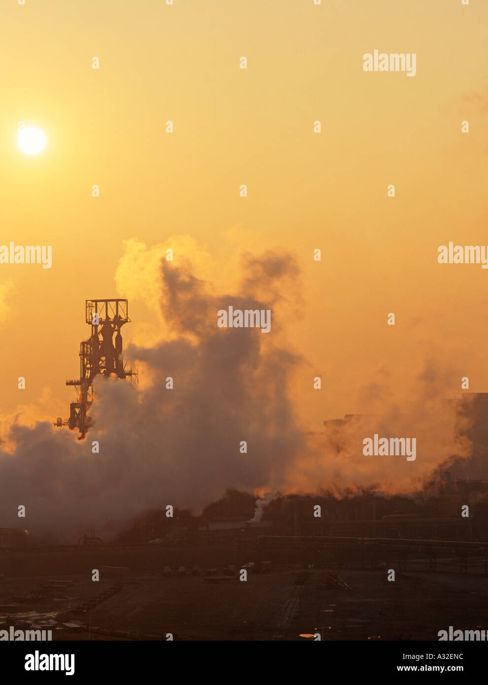 Atmospheric pollution at sunset caused by steel plant Port Talbot South ...