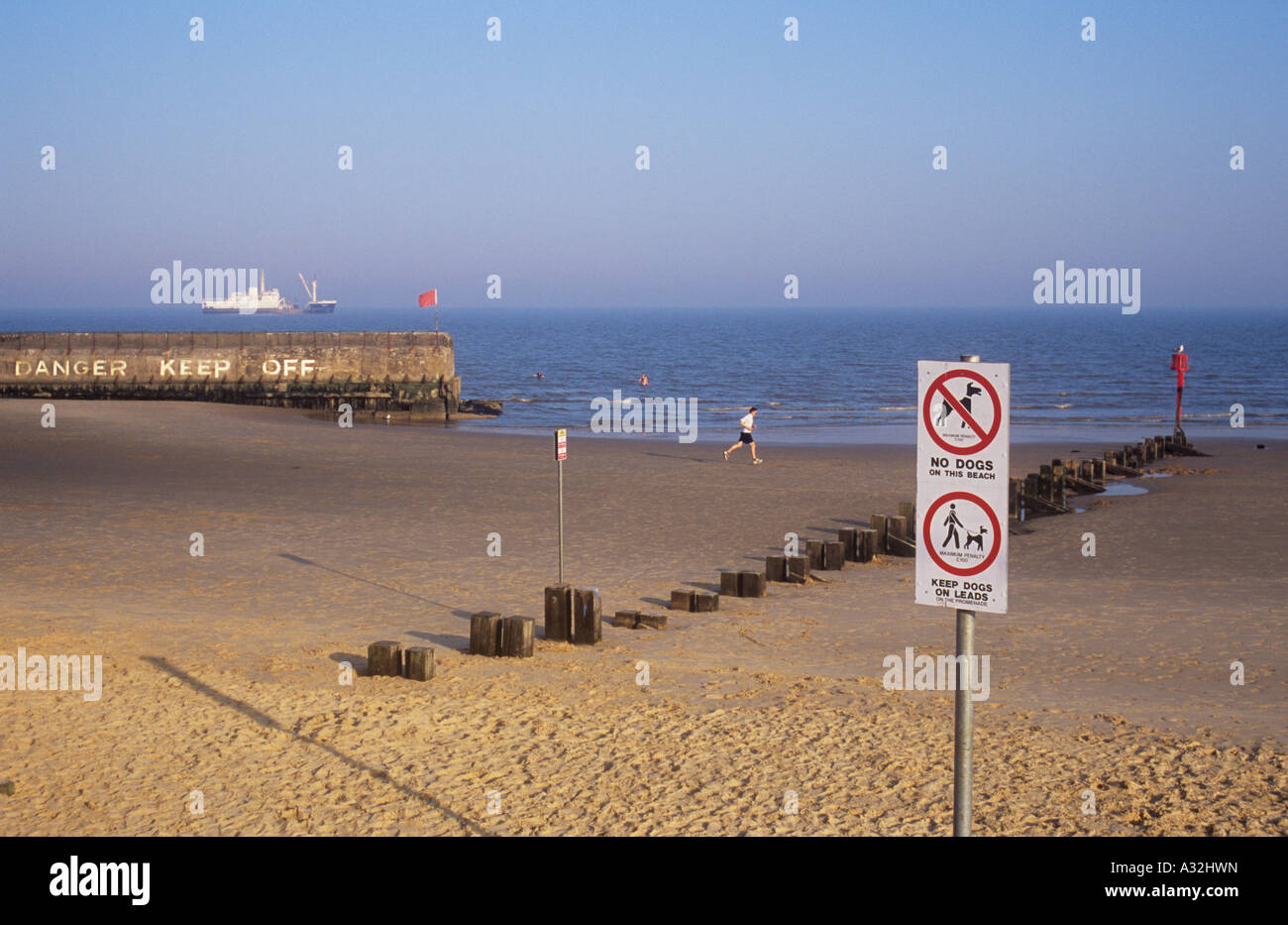 Summer evening seaside scene with sandy beach stone jetty merchant ship ...
