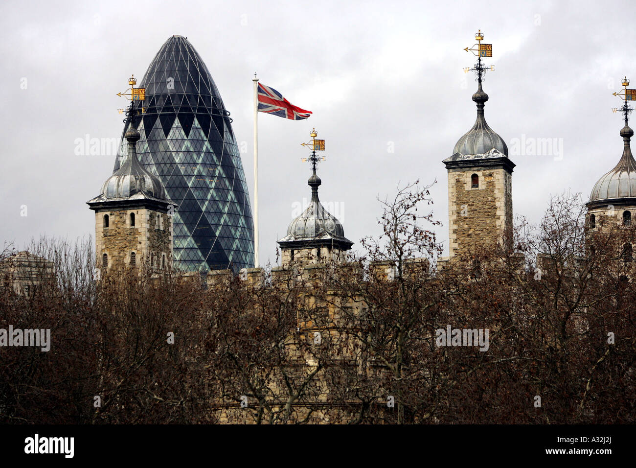 The Tower of London turrets and the Gherkin Skyscraper central London ...
