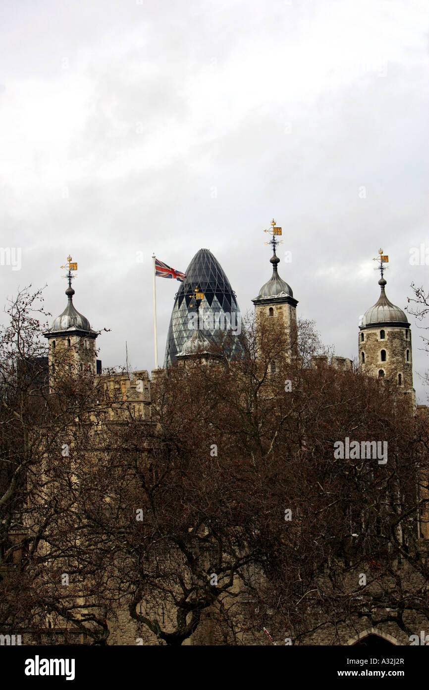 The Tower of London turrets and the Gherkin Skyscraper central London ...
