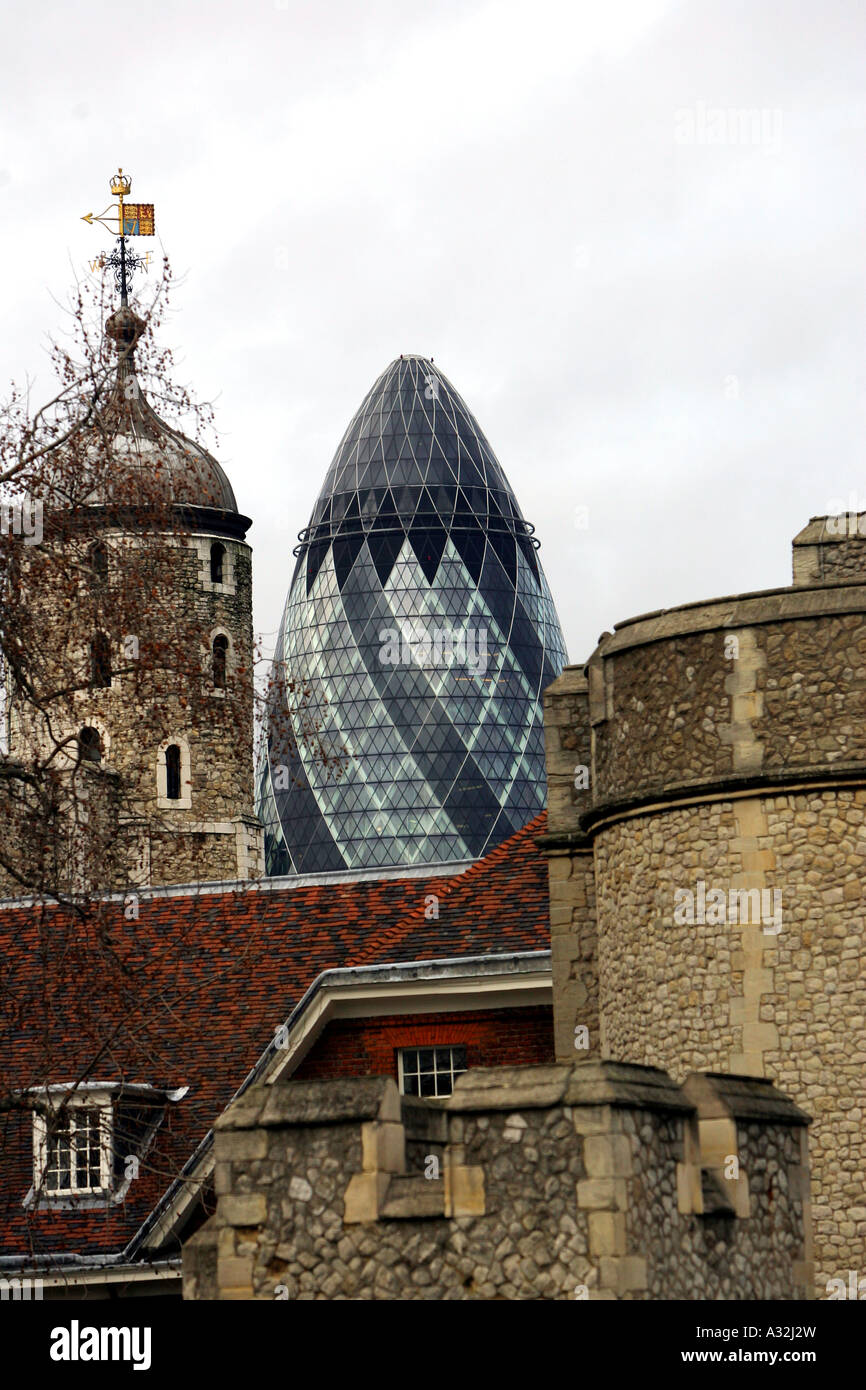 The Tower of London turrets and the Gherkin Skyscraper central London ...
