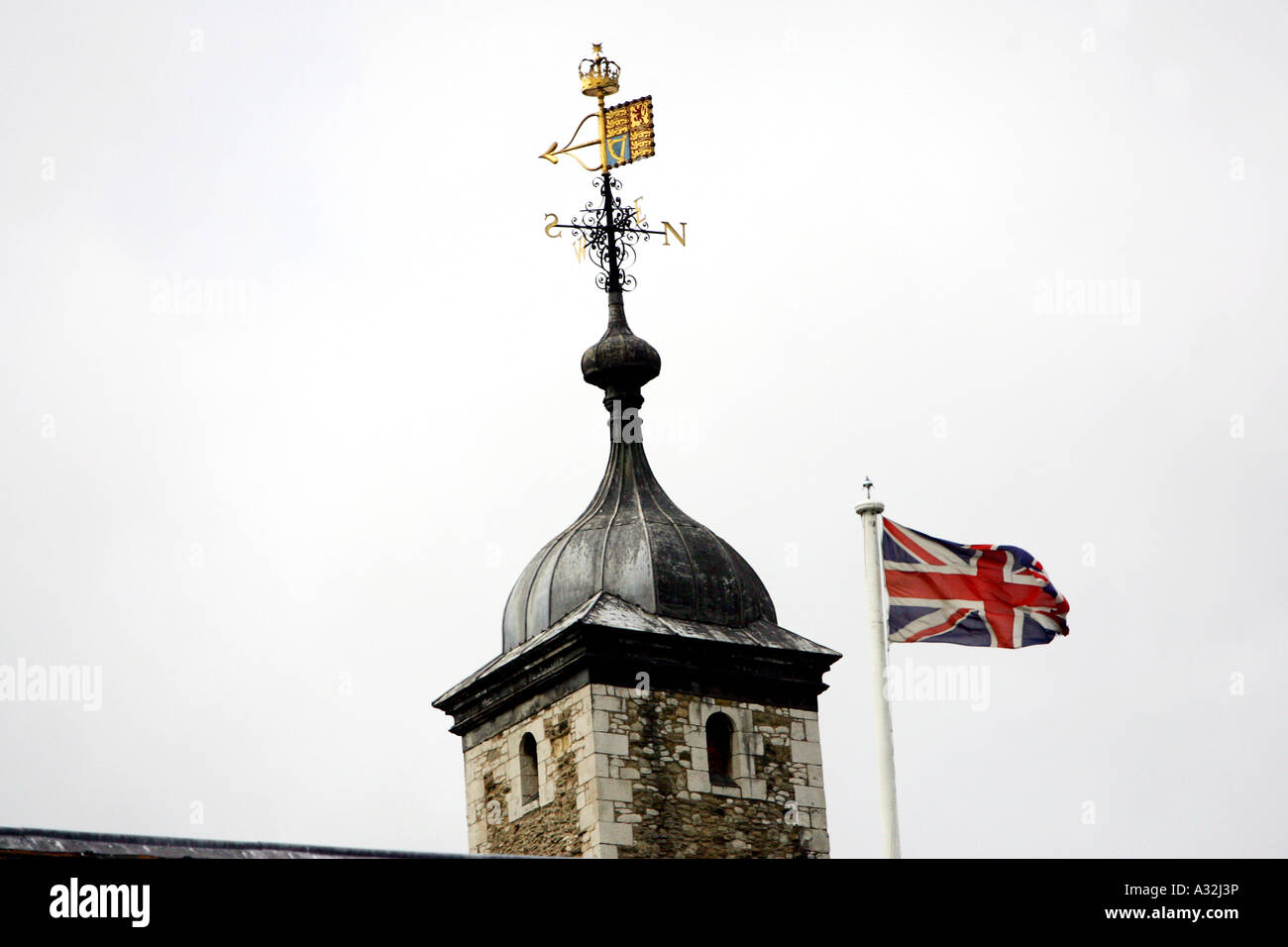 The Tower of London turrets and the Union Jack central London England ...