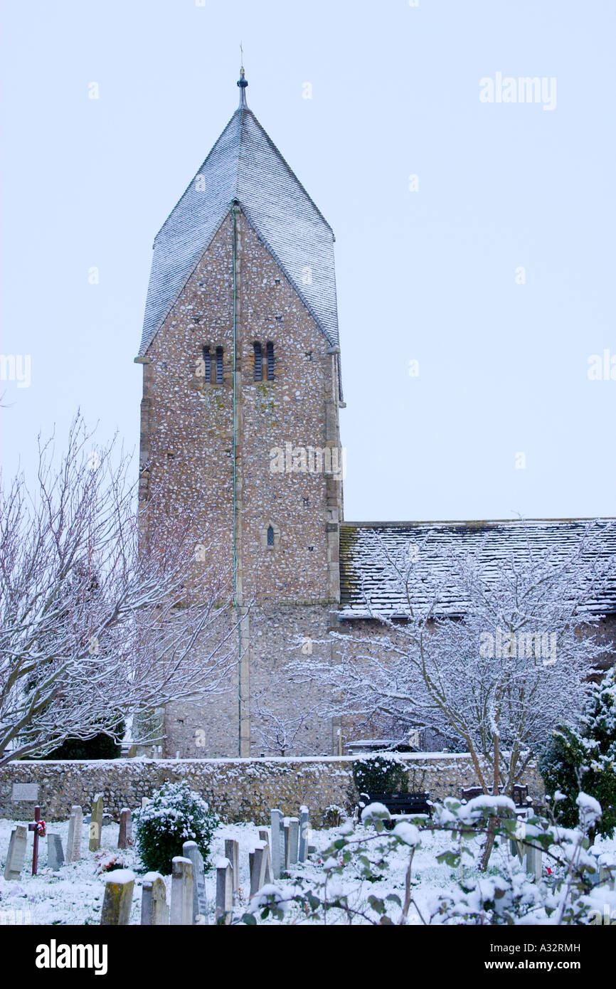 The West tower of St Marys Church, Sompting, West Sussex in winter ...