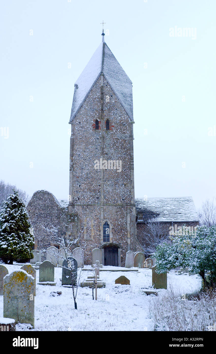 The West tower of St Marys Church, Sompting, West Sussex in winter ...