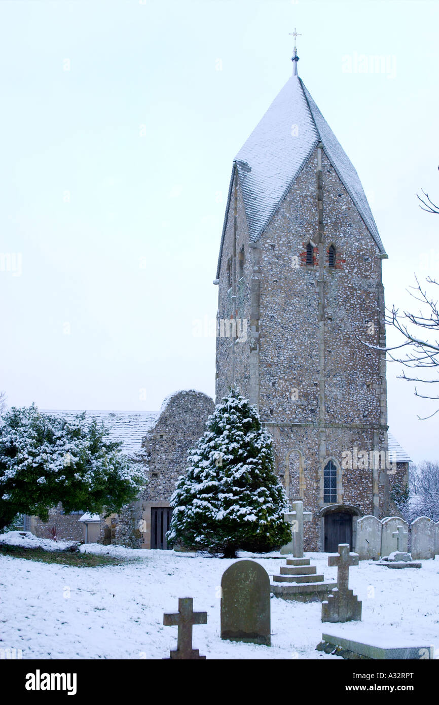The West tower of St Marys Church, Sompting, West Sussex in winter ...