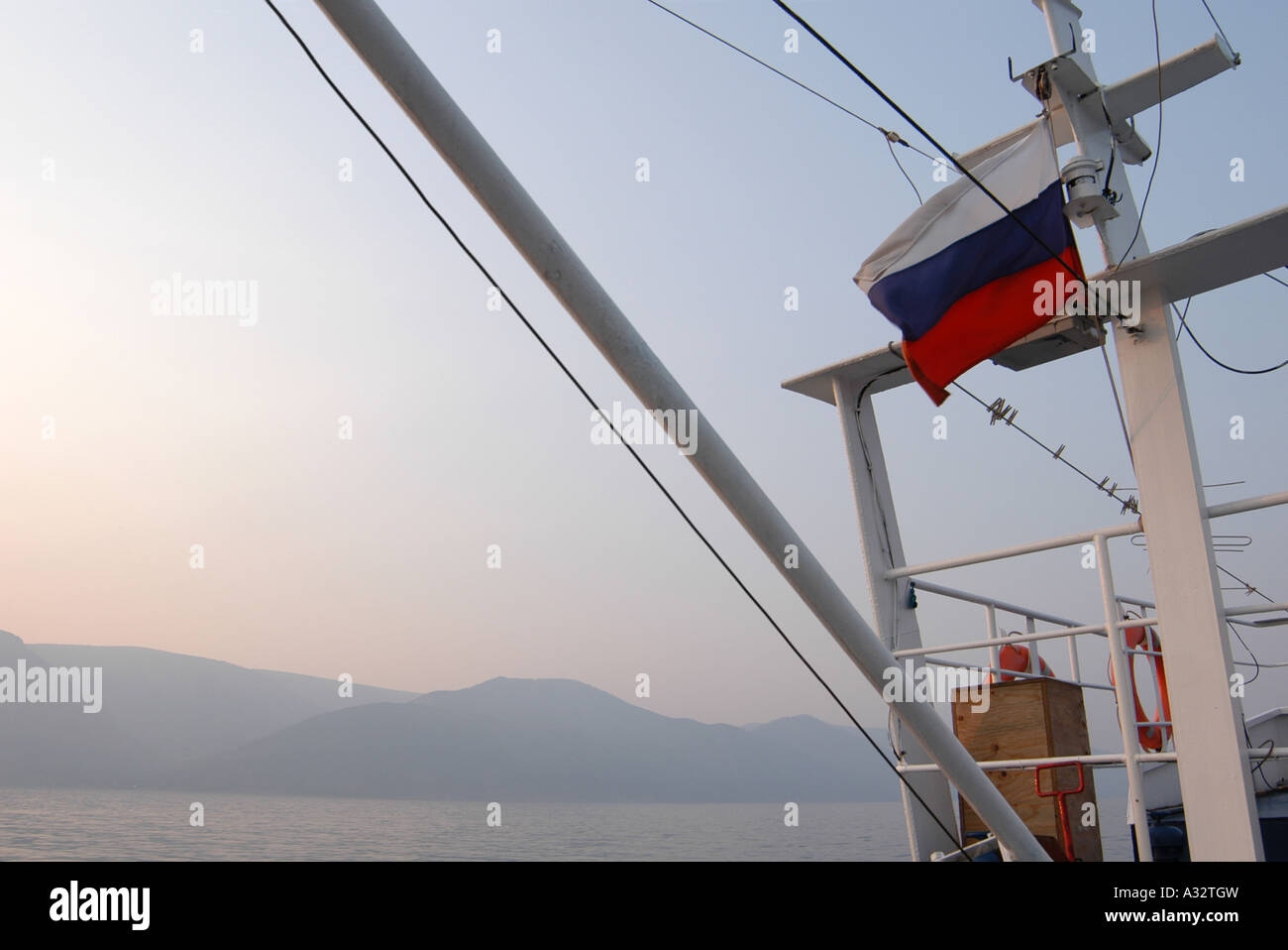 Russian flag at the cruise boat over Lake Baikal in Siberia, Russia, at ...