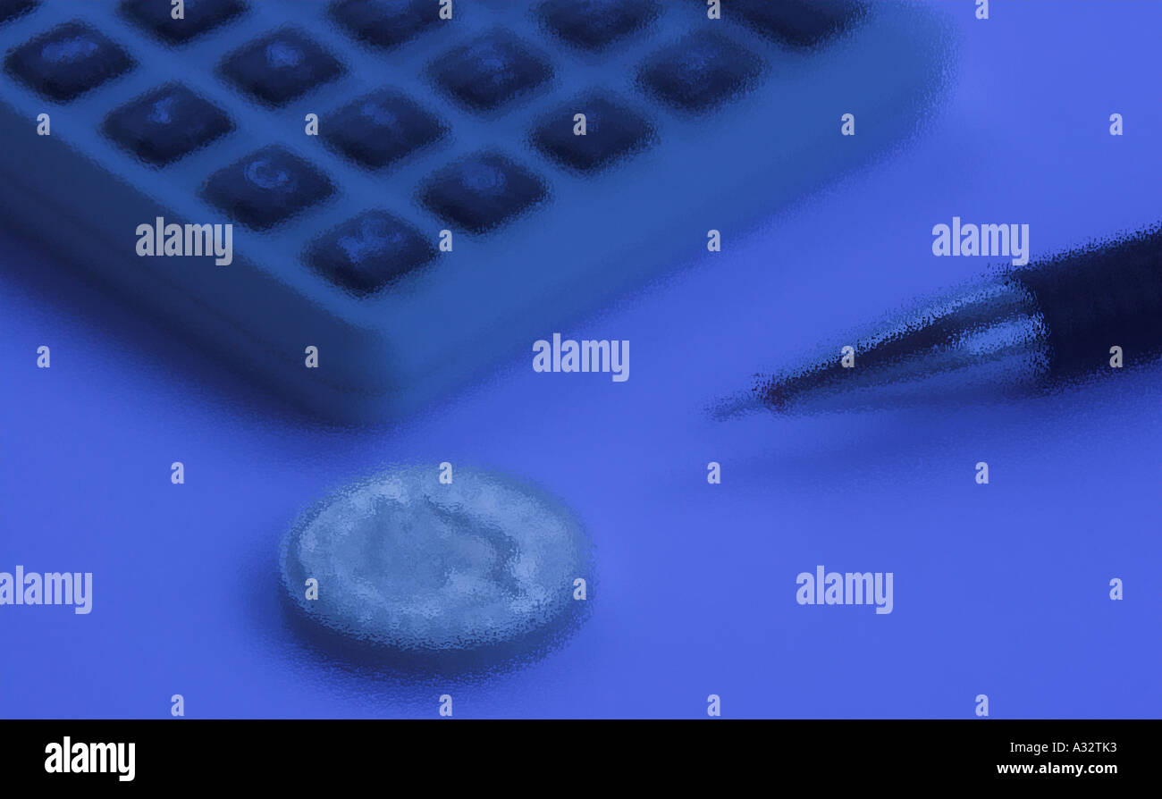 Concept image of a coin, calculator and pen / pencil Stock Photo - Alamy