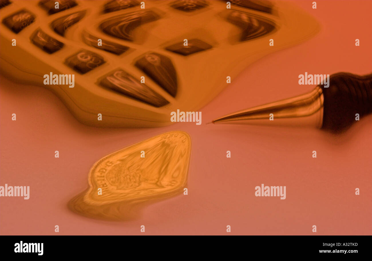 Concept image - Distortion of a coin, calculator and pen / pencil Stock ...