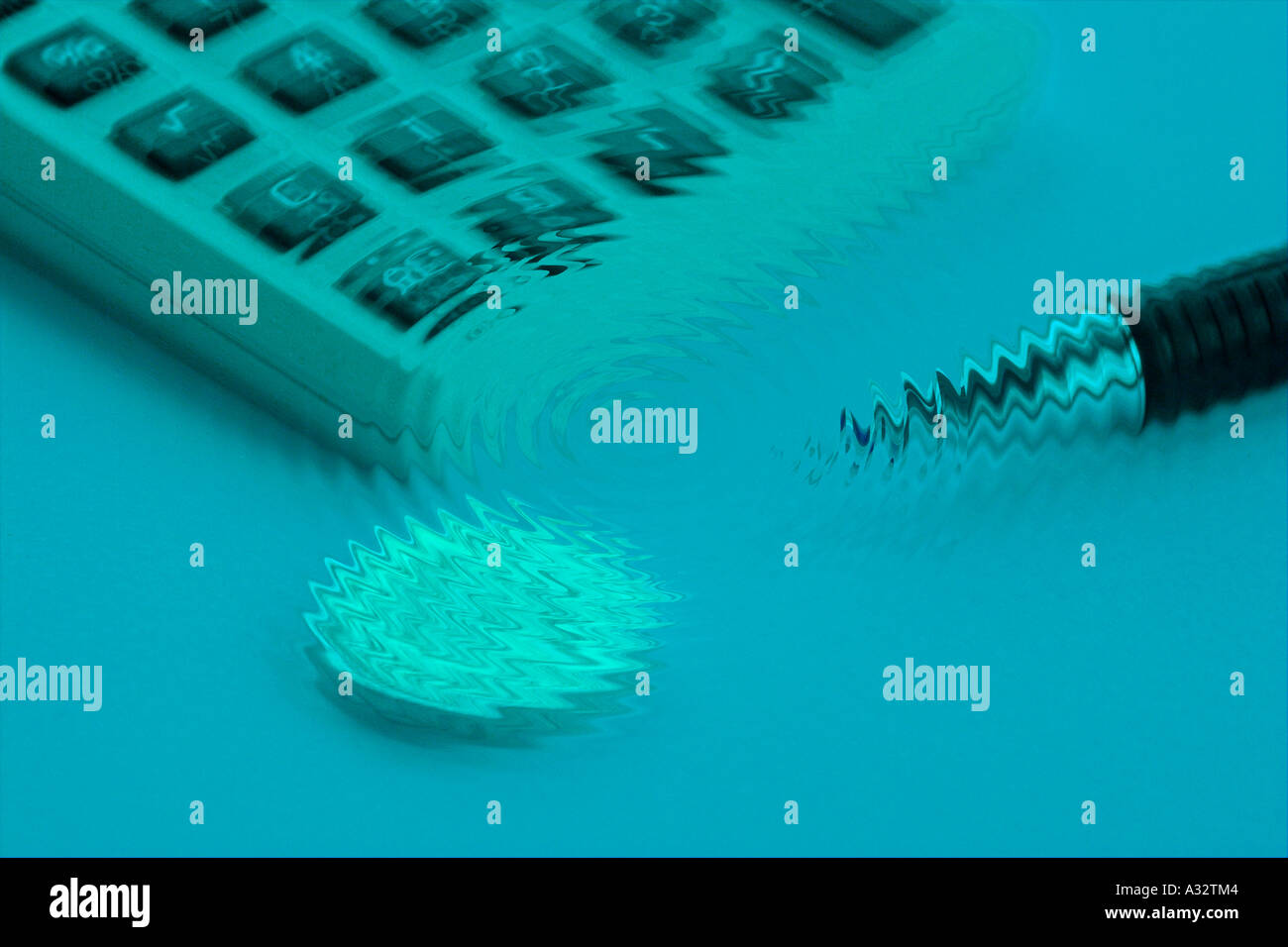 Concept image - Distortion of a coin, calculator and pen / pencil Stock ...