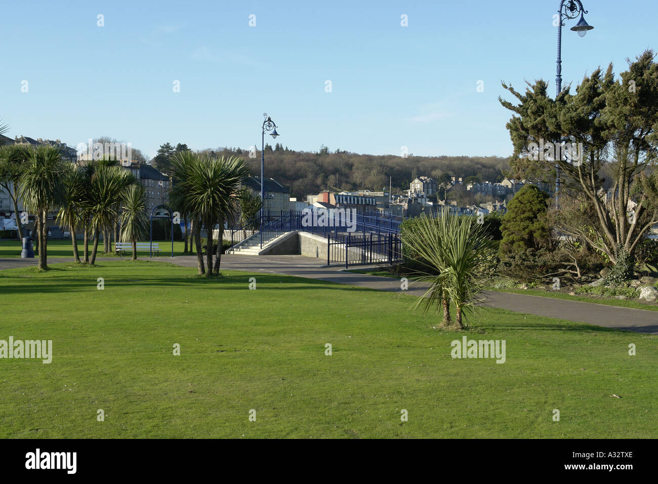 Discreetly made flood defences amongst palm trees along the seafront in ...