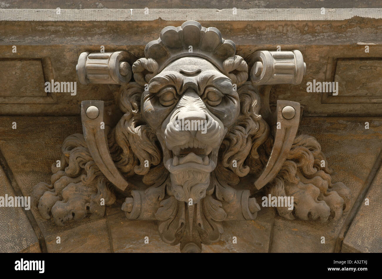 Renaissance head of lion from the facade of the Residenzschloss Castle ...