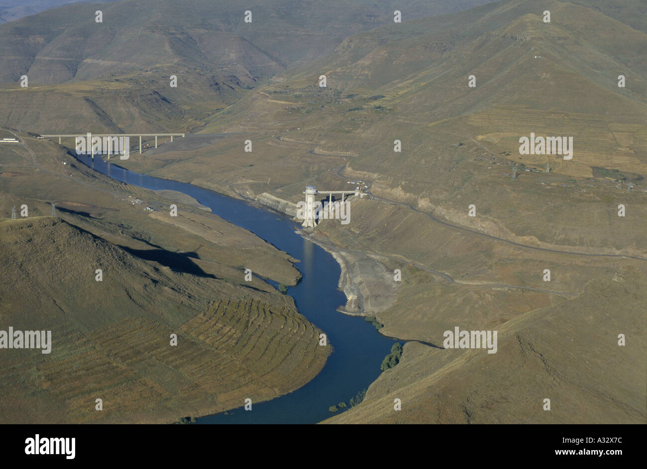 Katse dam intake tower with Malibamats'o bridge further down river ...