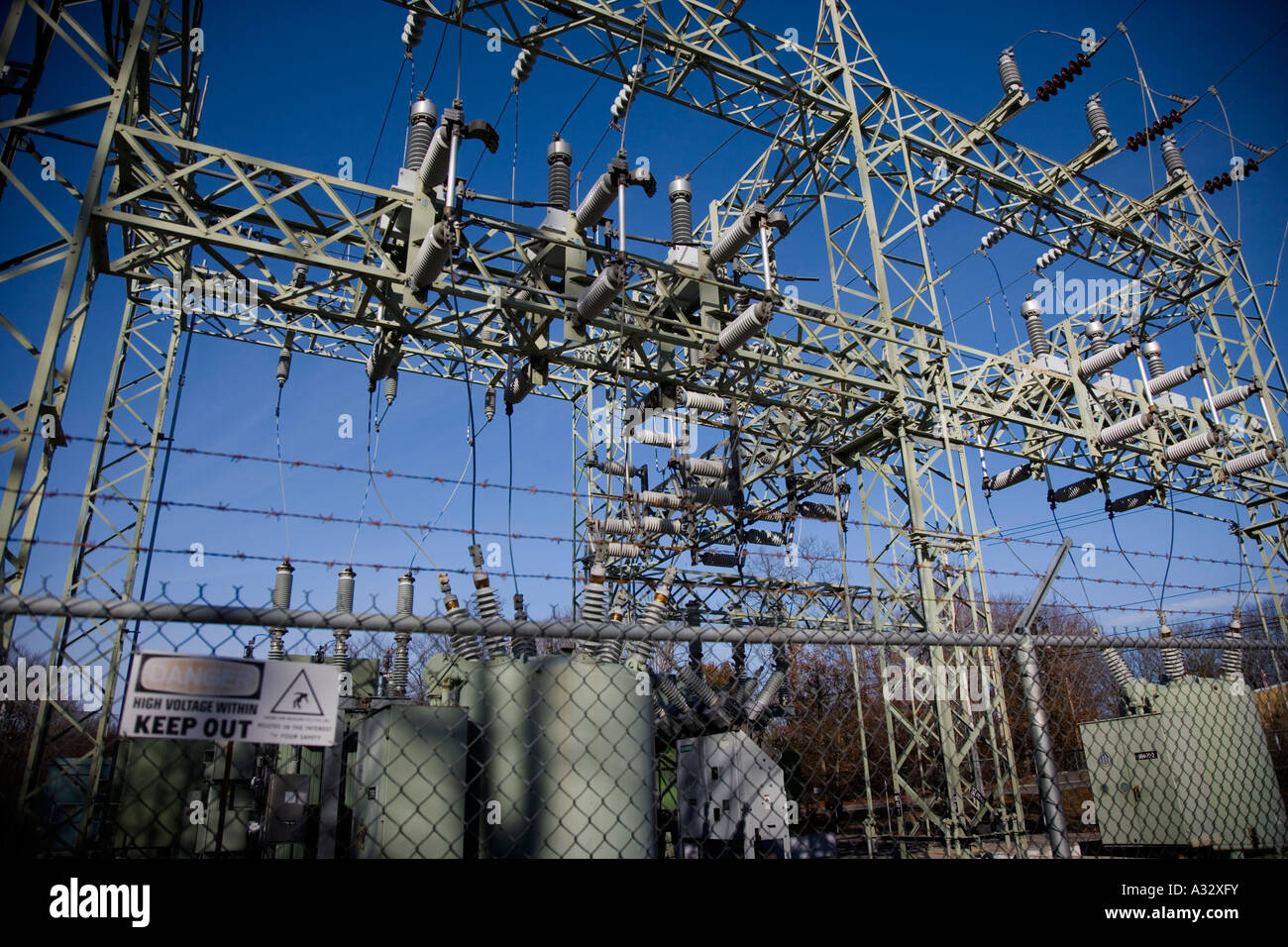 Electrical cables on a tower Stock Photo - Alamy
