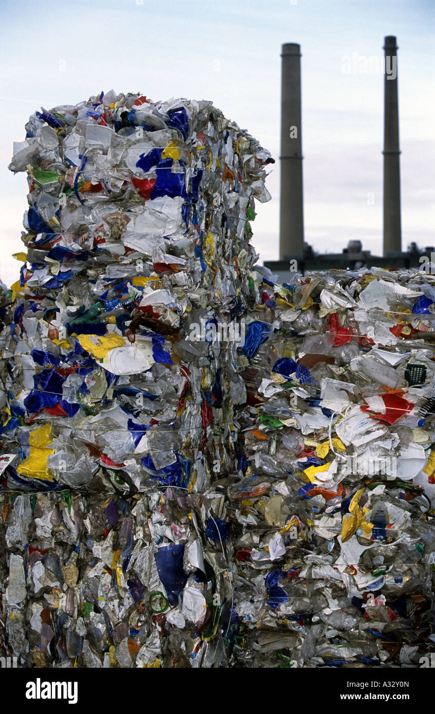 Domestic plastic waste at a recycling centre in Dusseldorf, North Rhine ...