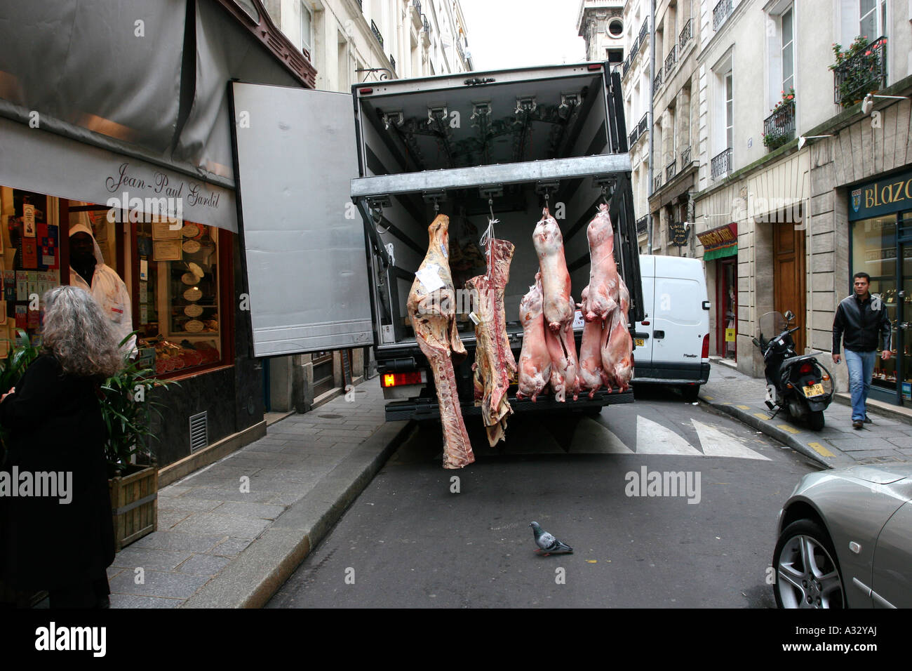 Meat truck ouside Butchery on St Louis Island, Paris, France Stock ...