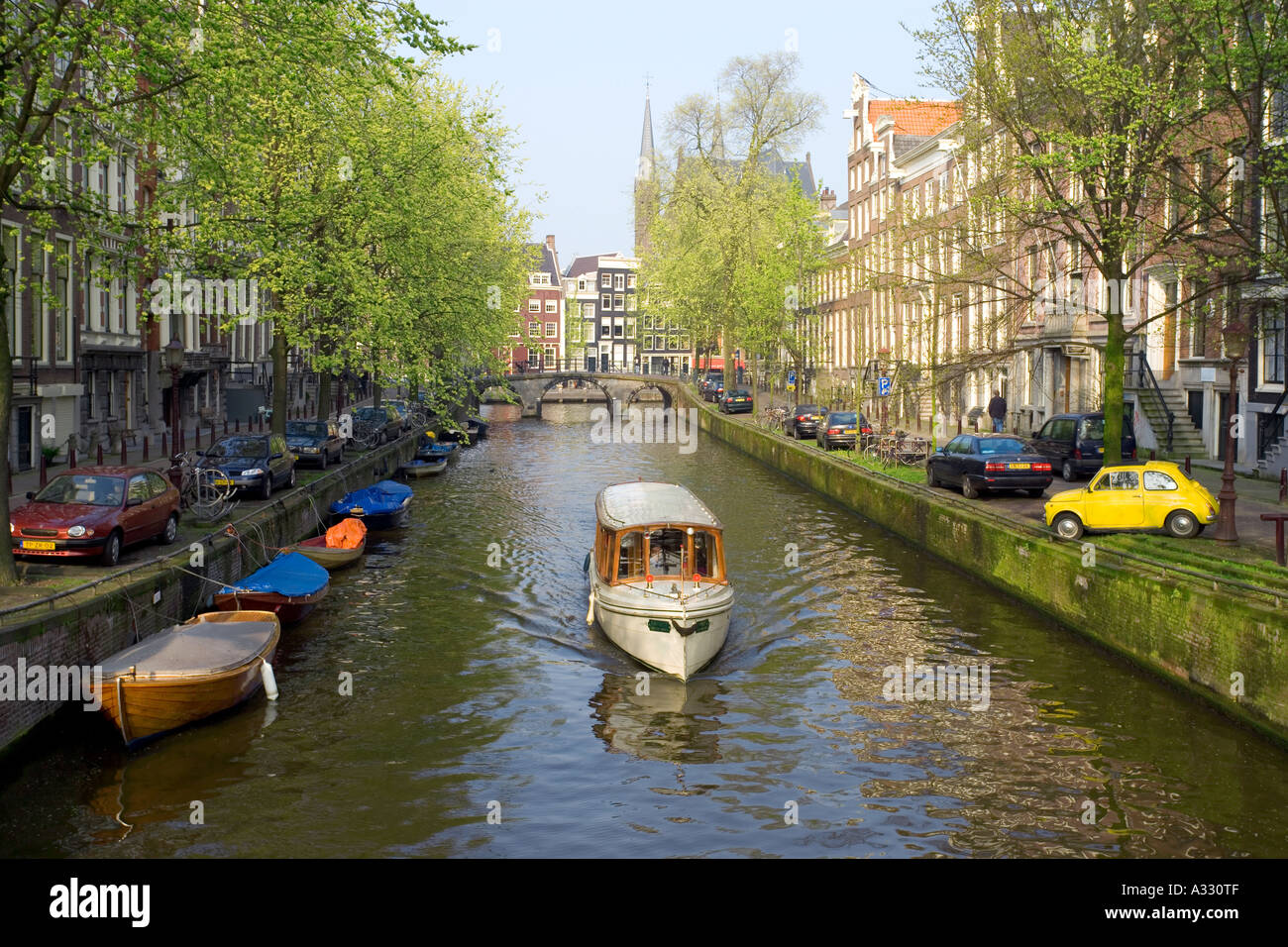 boat in canal in Amsterdam, Netherlands, Holland, Europe Stock Photo ...