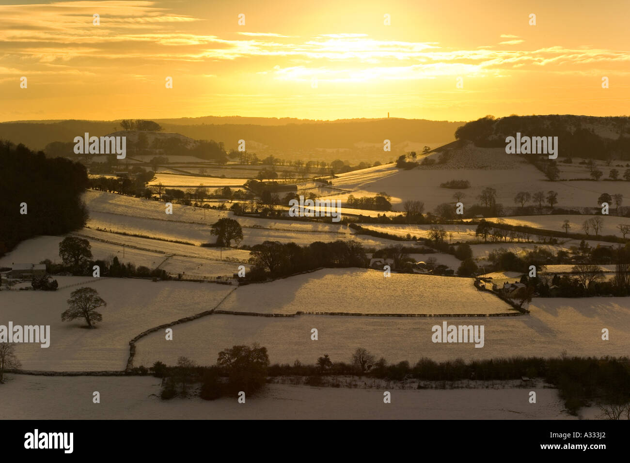 Early winter snow on Downham Hill and Cam Long Down, Gloucestershire ...