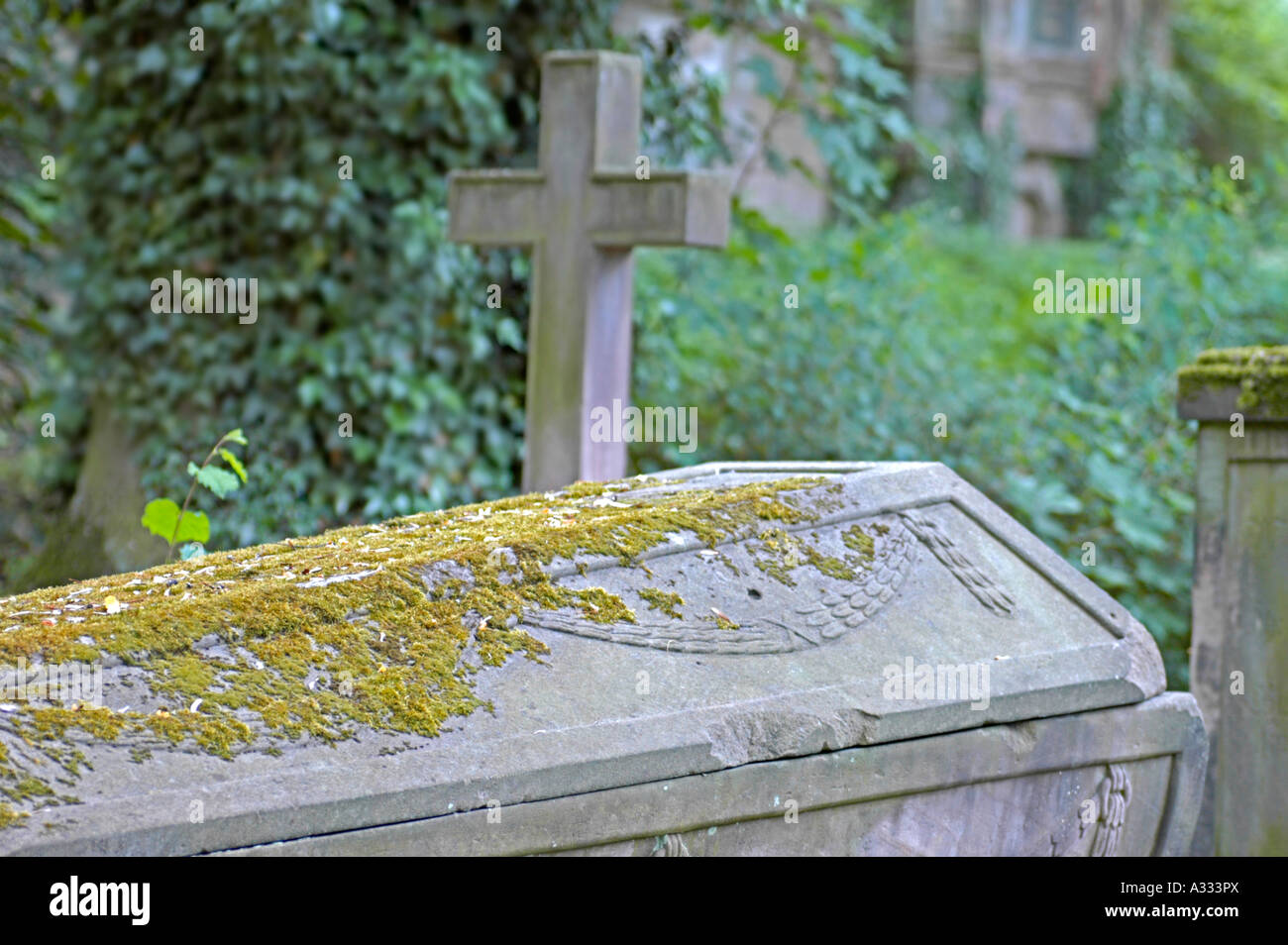 coffin casket of stone gravestones tombstones in the old cemetery of ...