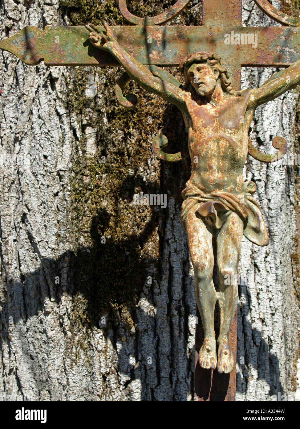 cross crucifix in front of bark from tree trunk Stock Photo - Alamy