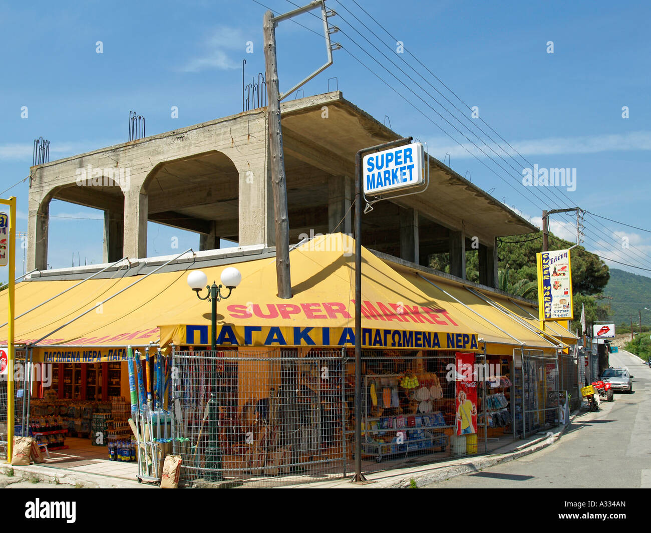 typical facade storefront of a supermarket in a cocrete house under ...