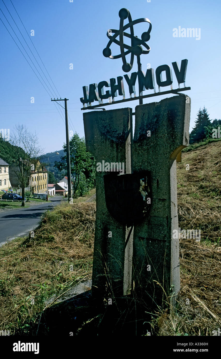 Town sign with radium symbol Jachymov mining town Czech Republic Stock ...