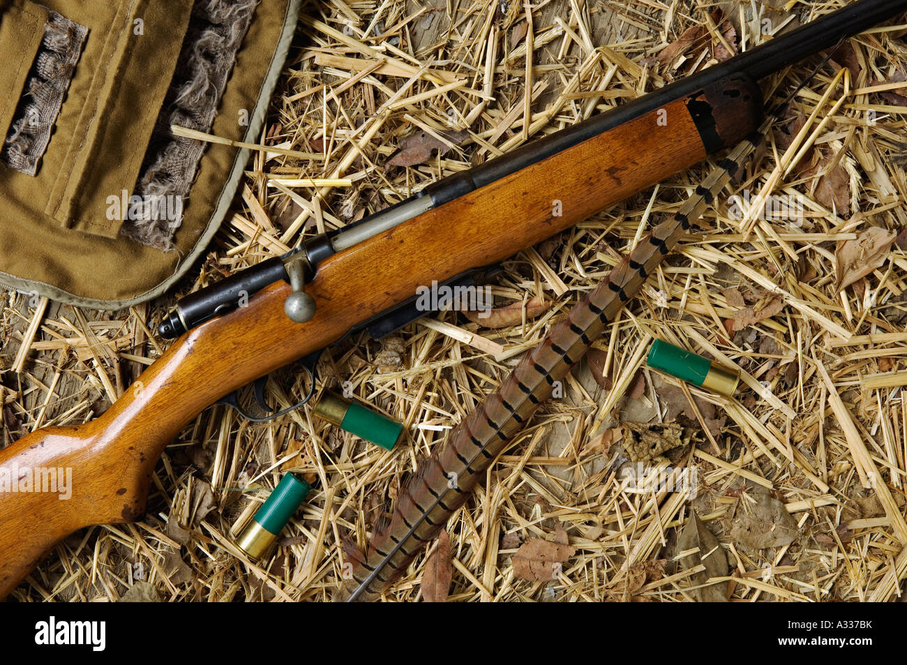 Old Stevens Bolt Action Shotgun Laying on Wooden Straw Covered Floor ...