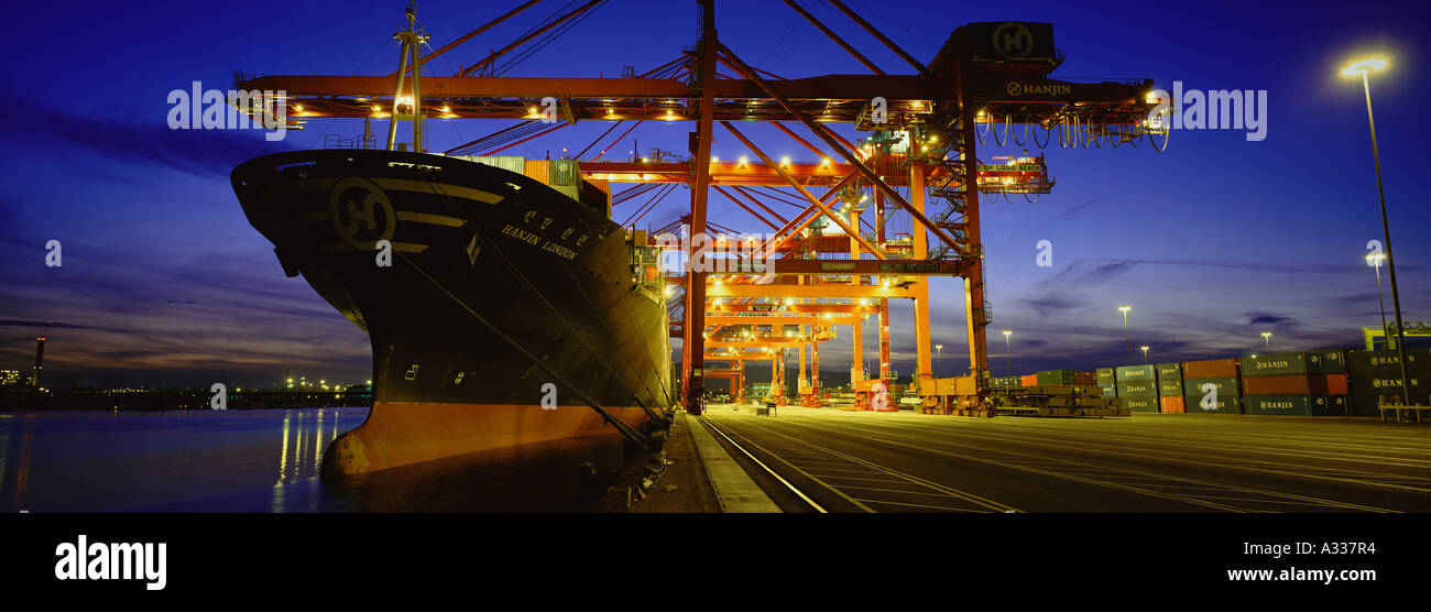 Loaded Container Ship at dock in Port at Twilight Panoramic Stock Photo ...