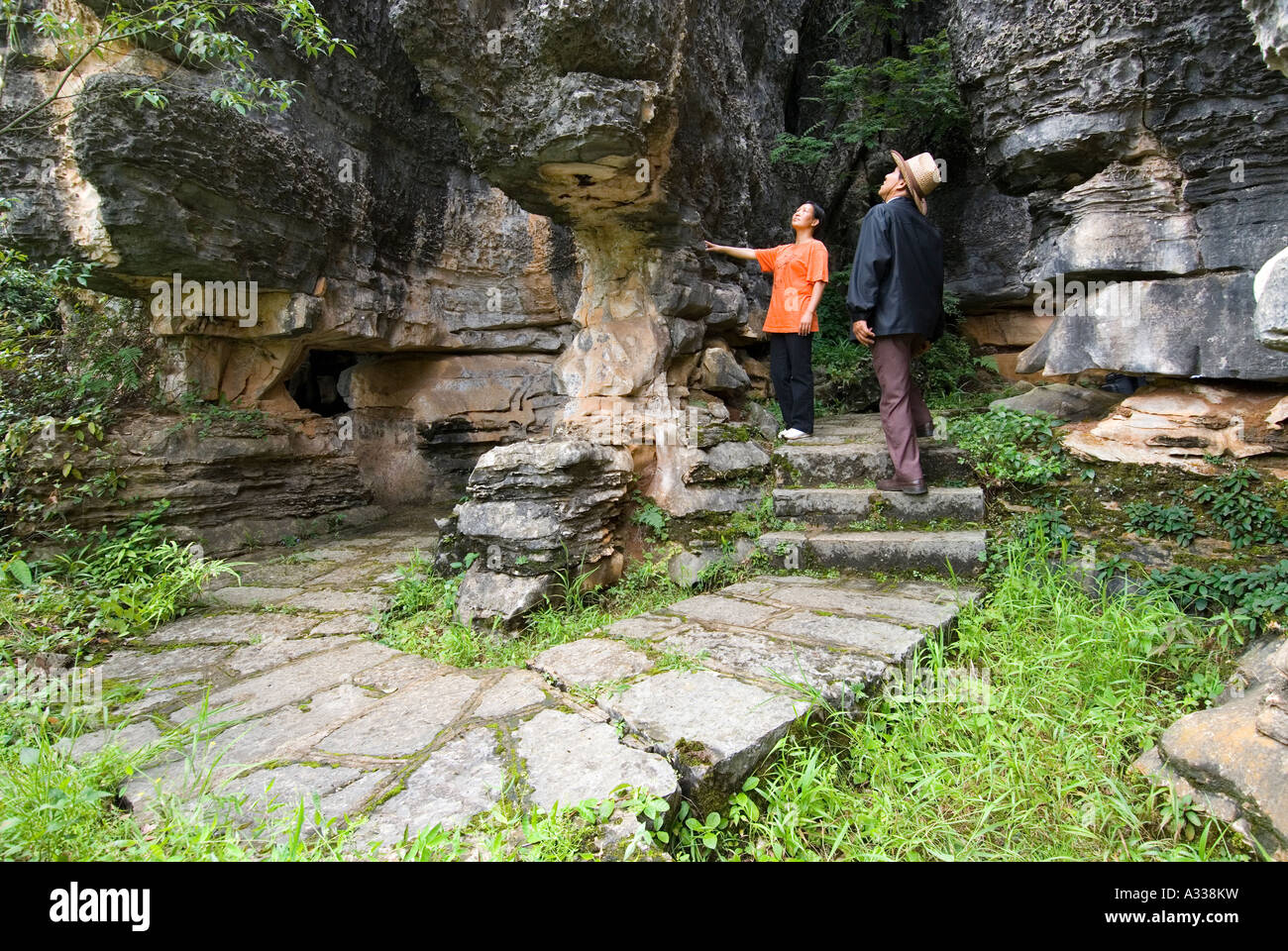 Winding narrow path tunnels through Karst limestone formations Black ...