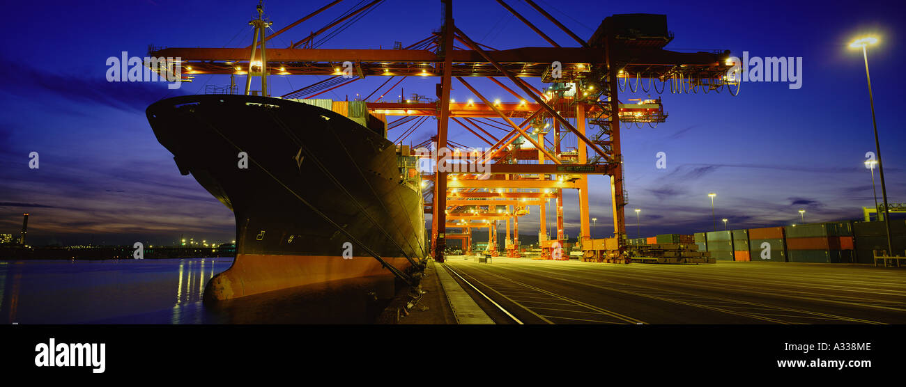Loaded Container Ship at dock in Port at Twilight Panoramic Stock Photo ...