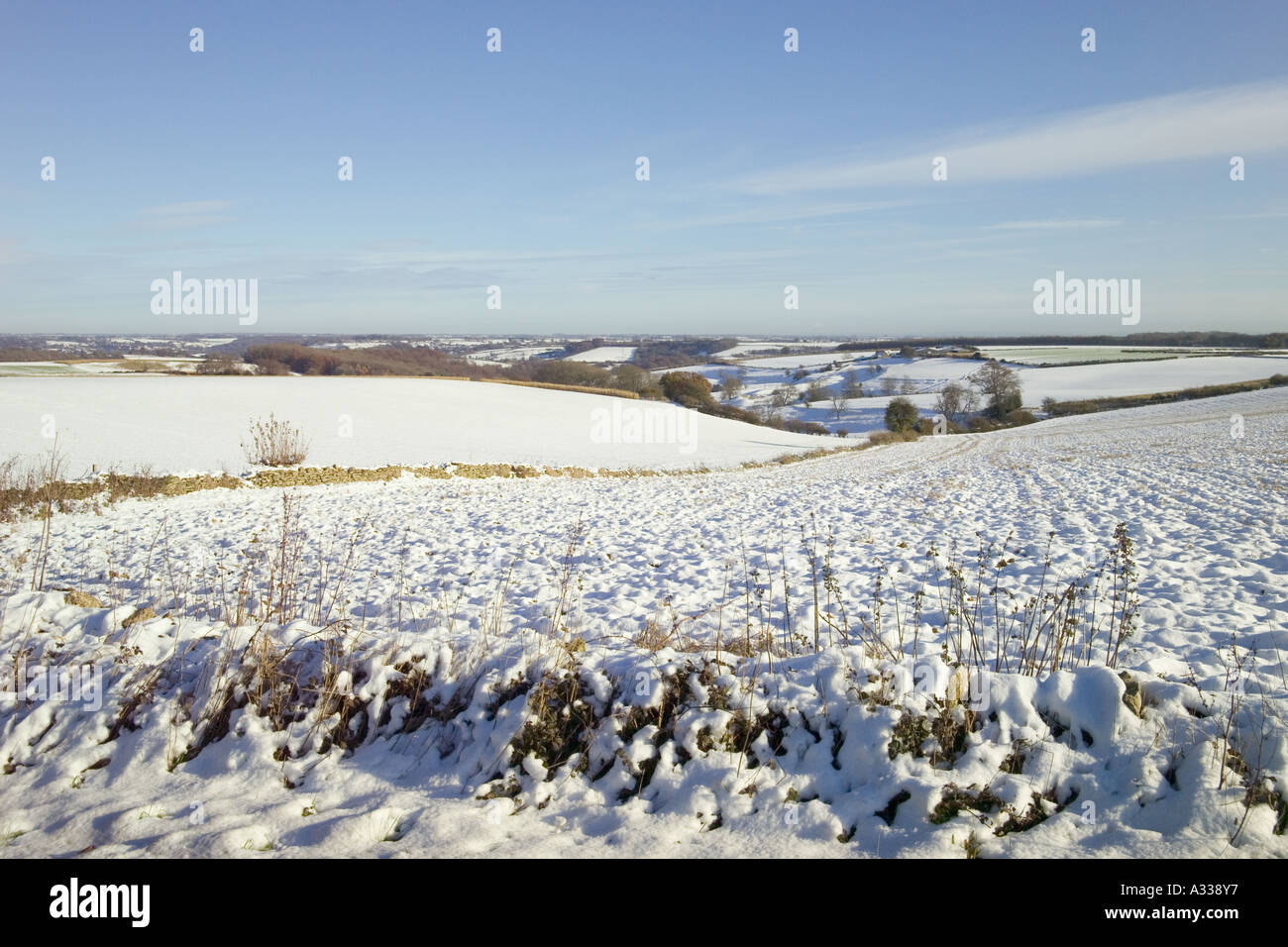 Early winter snow on the Cotswolds near Kingscote, Gloucestershire ...