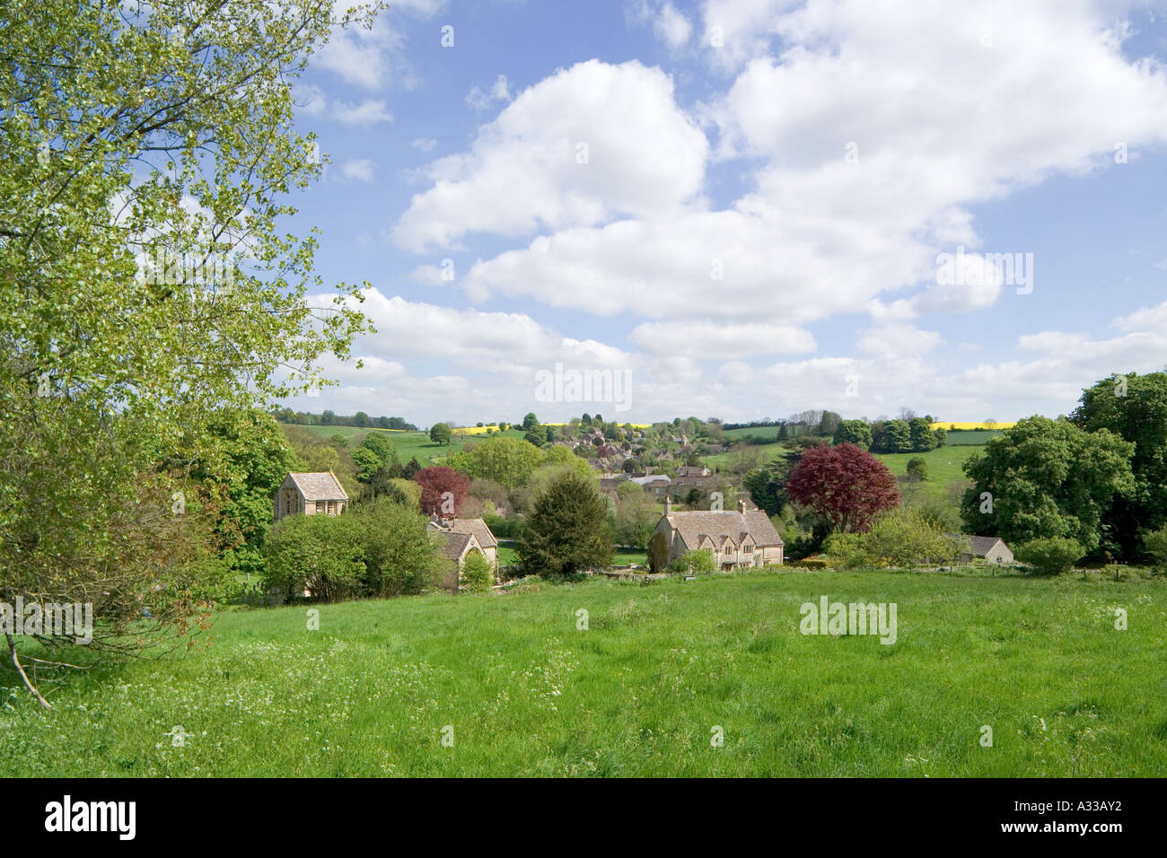 The Cotswold village of North Cerney in the valley of the River Churn ...