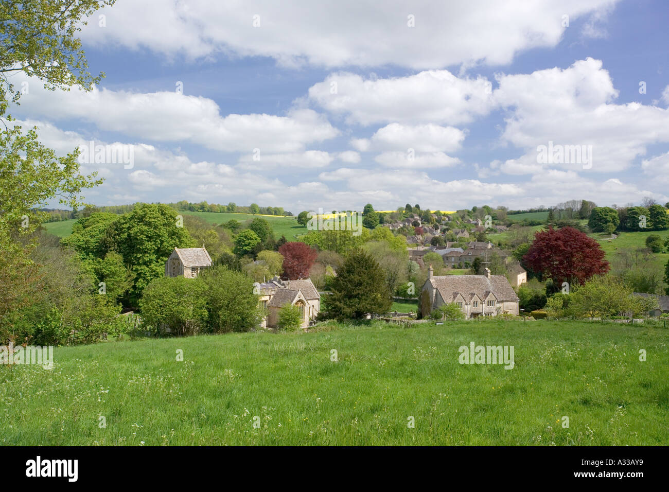 The Cotswold village of North Cerney in the valley of the River Churn ...