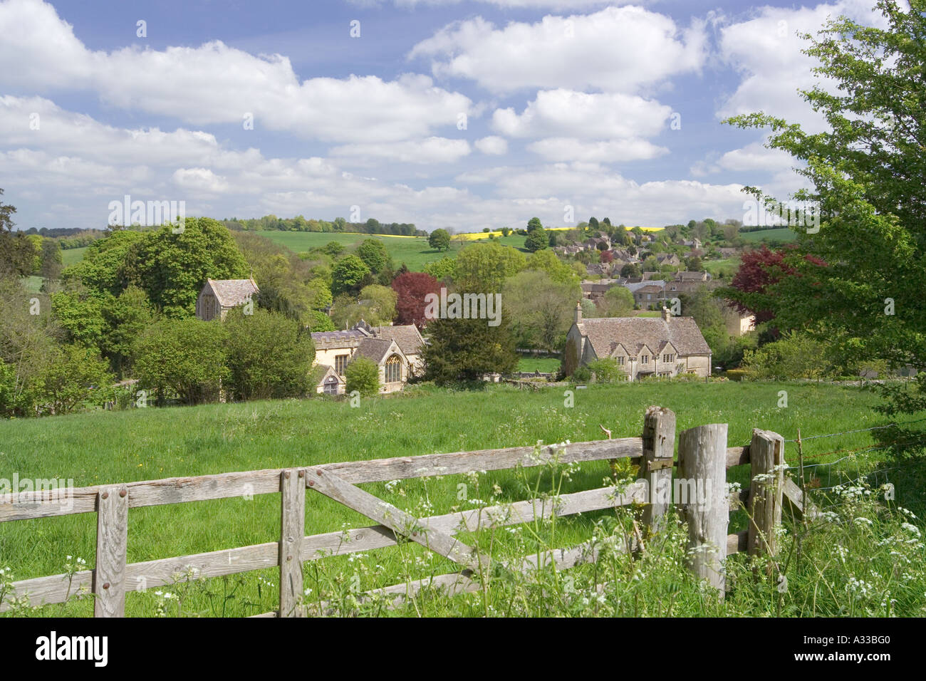The Cotswold village of North Cerney in the valley of the River Churn ...
