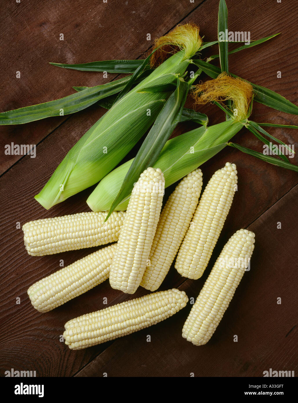 Agriculture - Ears of sweet white corn on a dark barn wood surface, in ...