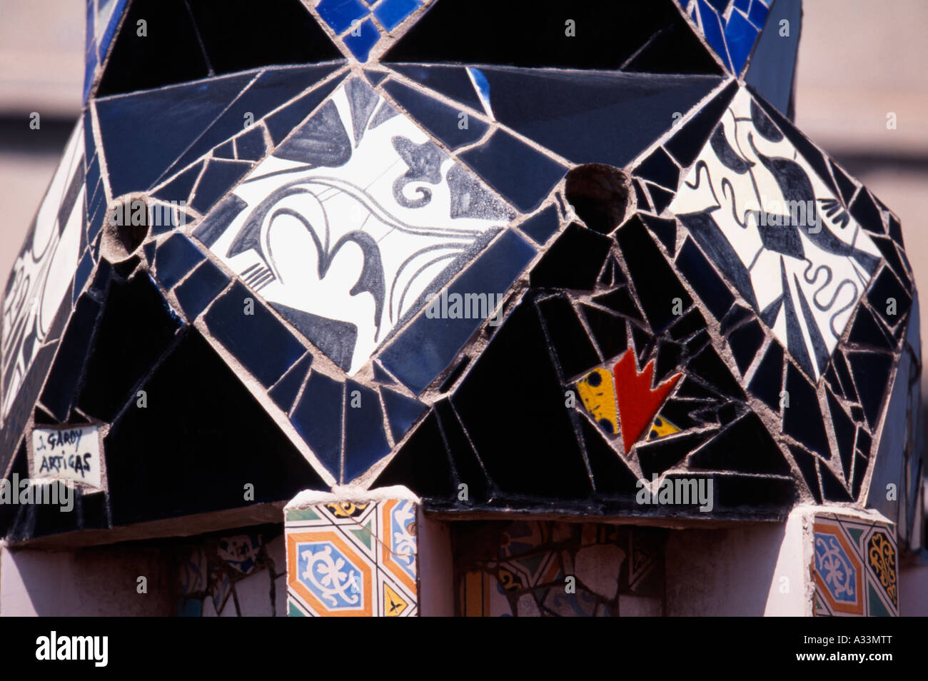 Closeup of a chimney on the roof of Palau Guell by Antoni Gaudi ...