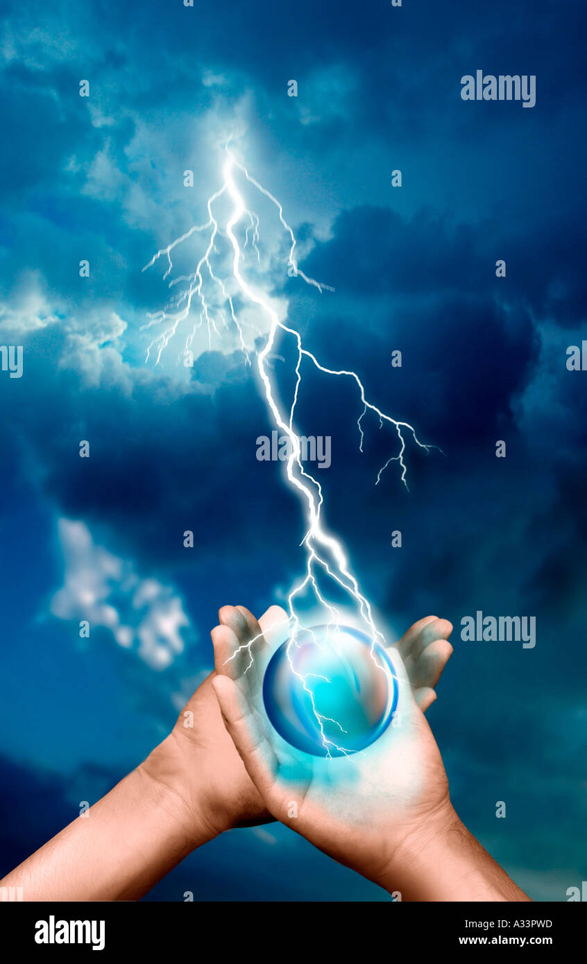 Lightning hand with crystal ball 682 Stock Photo - Alamy