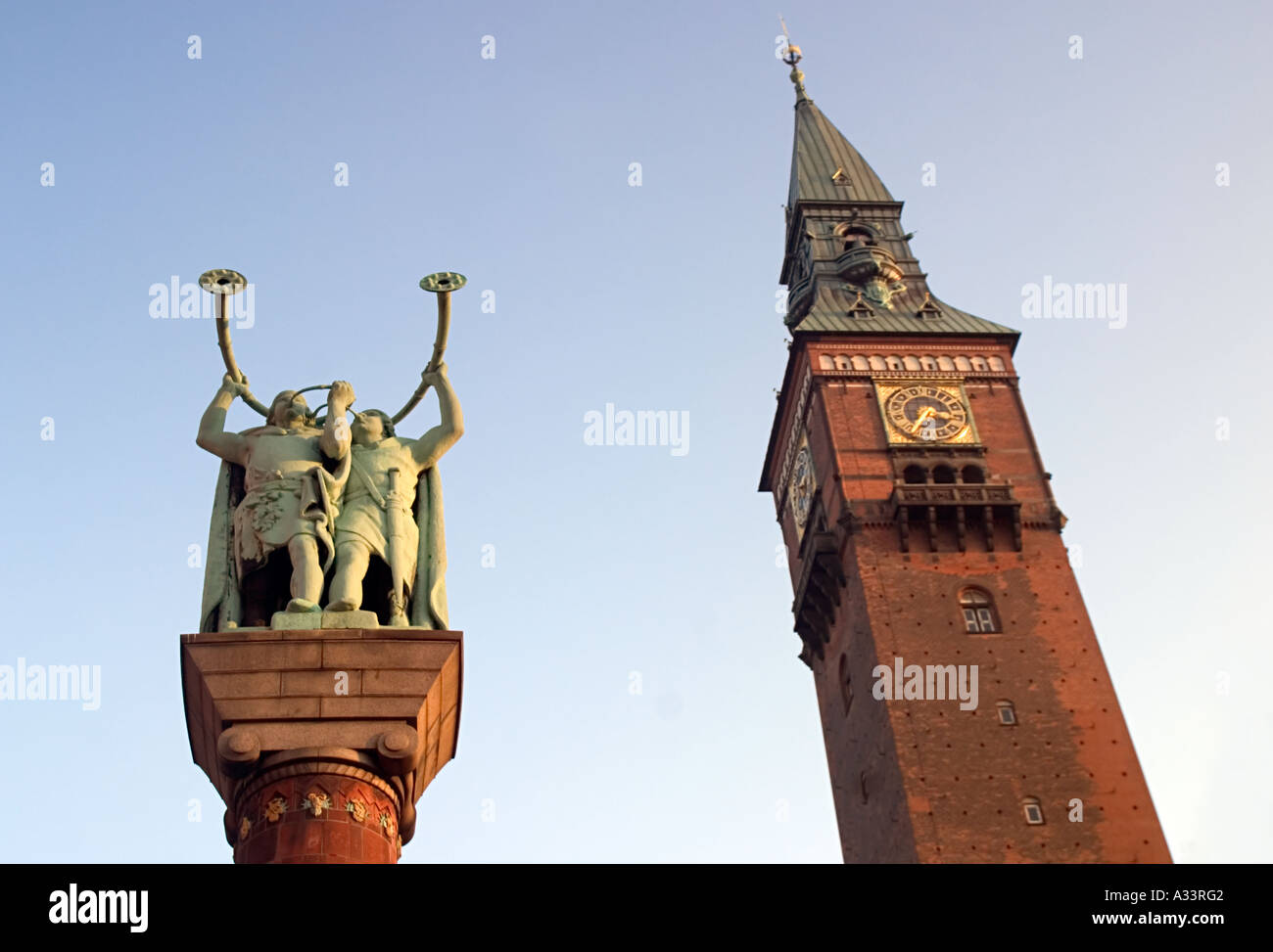 The City Hall Tower and the Lure Player statue Copenhagen Denmark Stock ...