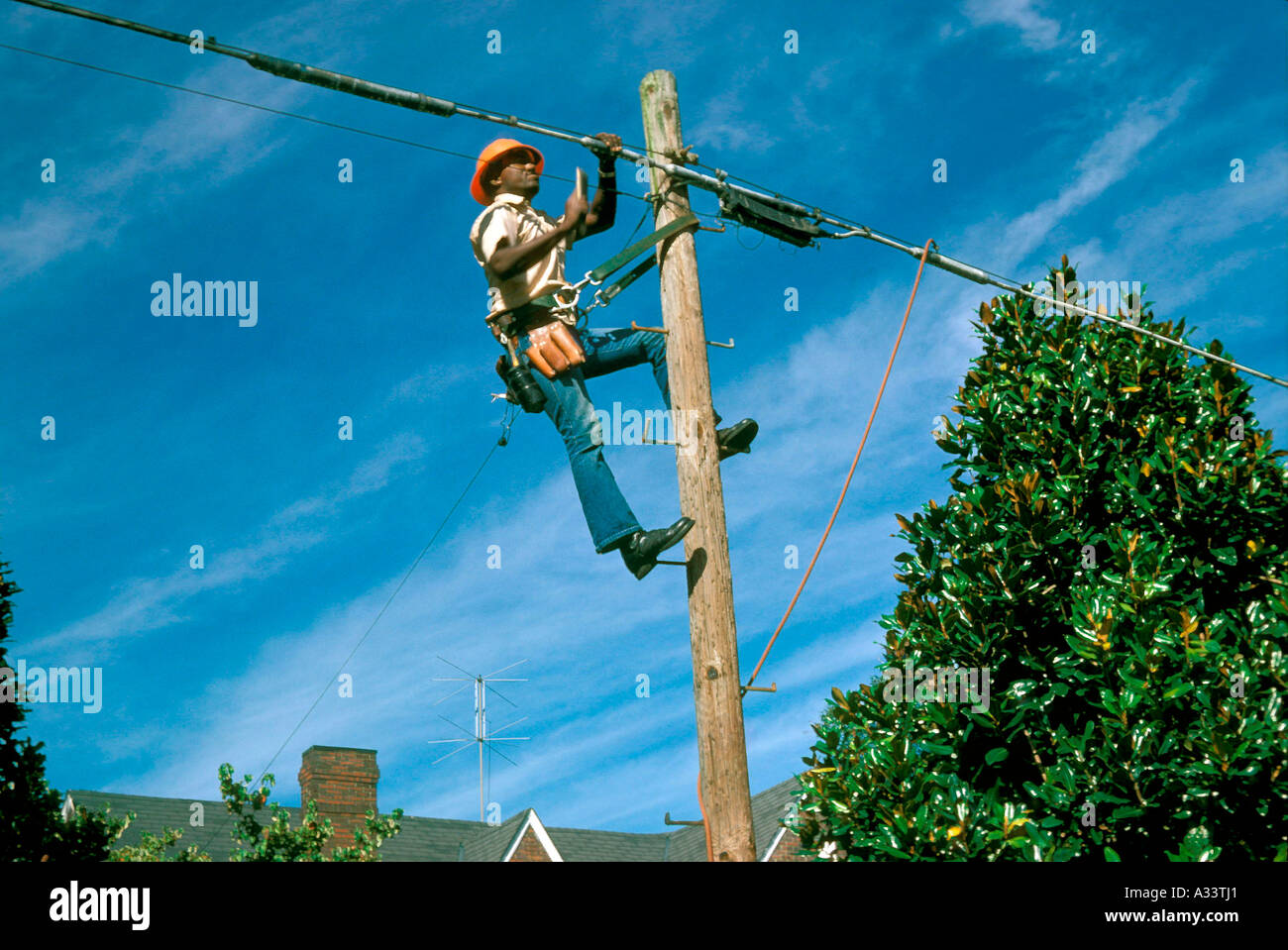 Worker climbing utility pole hi-res stock photography and images - Alamy