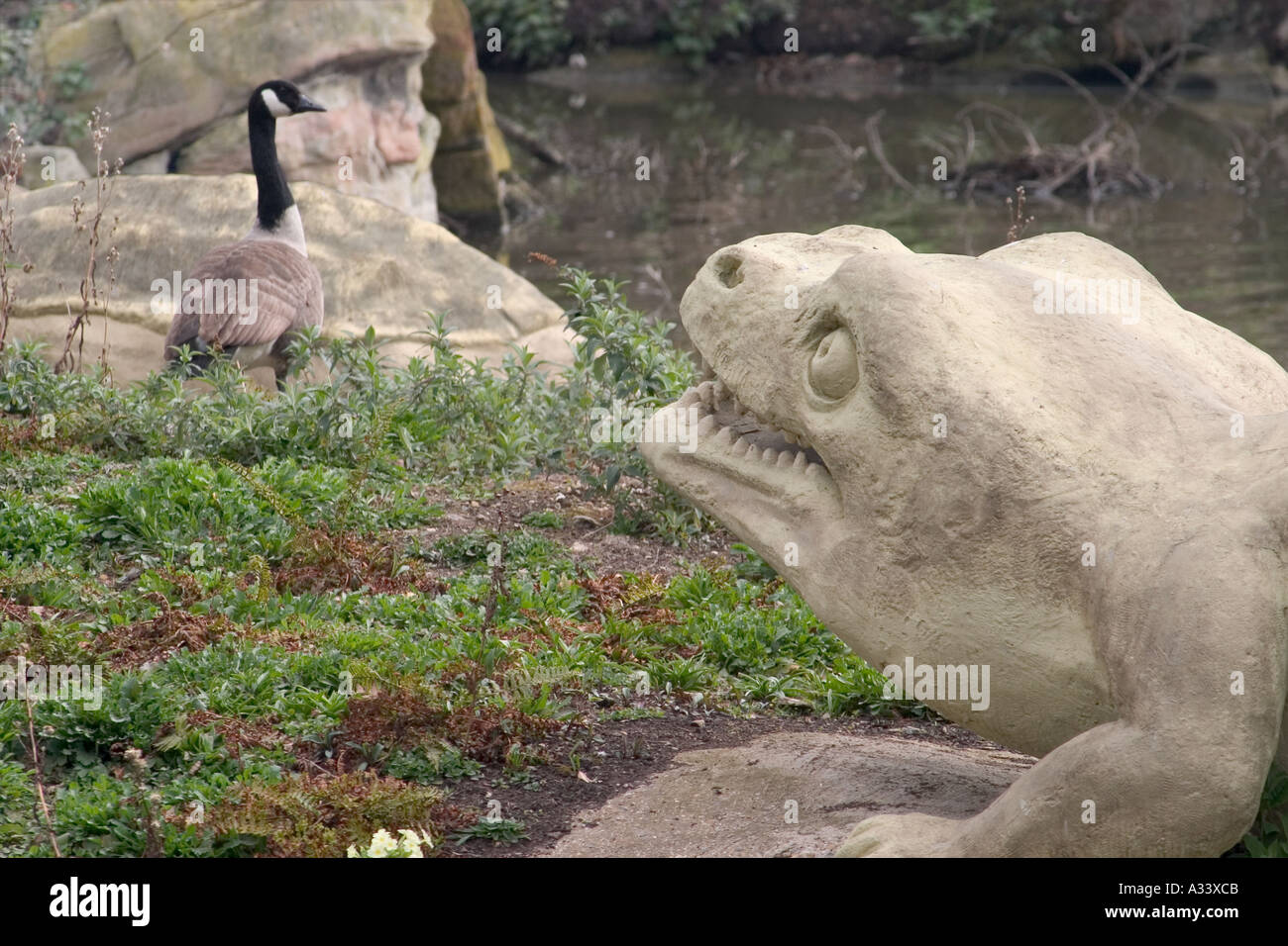 Labyrinthodon dinosaur model stalking Canada Goose. Crystal Palace ...