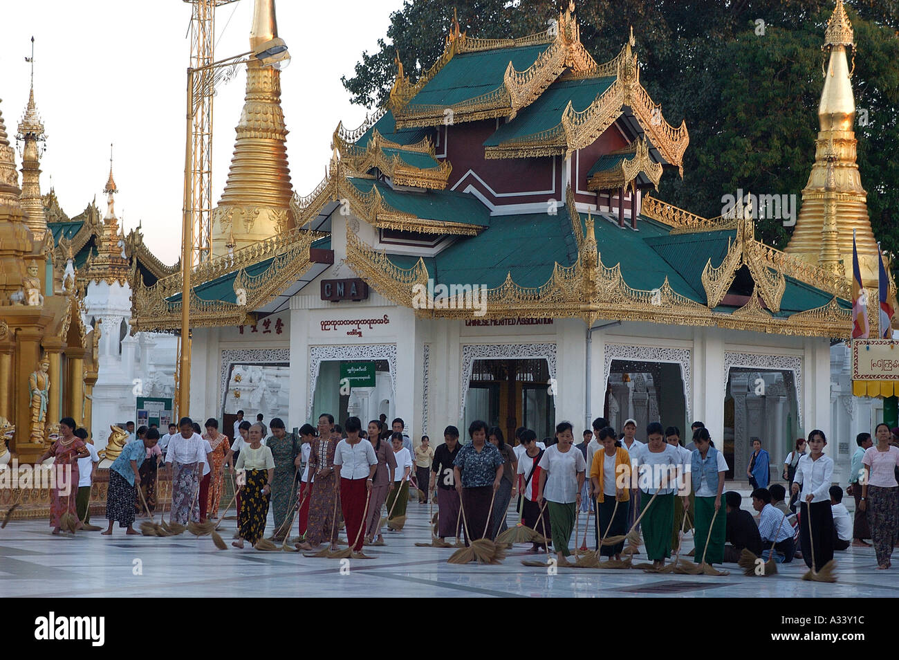 daily cleaning sweepers Schwedagon Pagoda Yangon Burma Myanmar Stock ...
