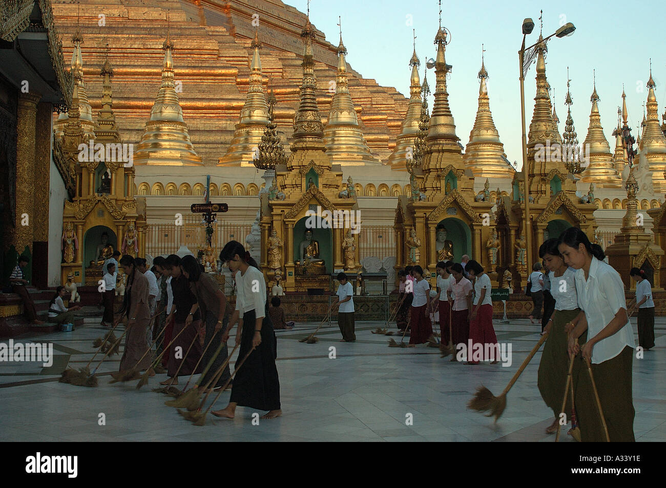 daily cleaning sweepers Schwedagon Pagoda Yangon Burma Myanmar Stock ...