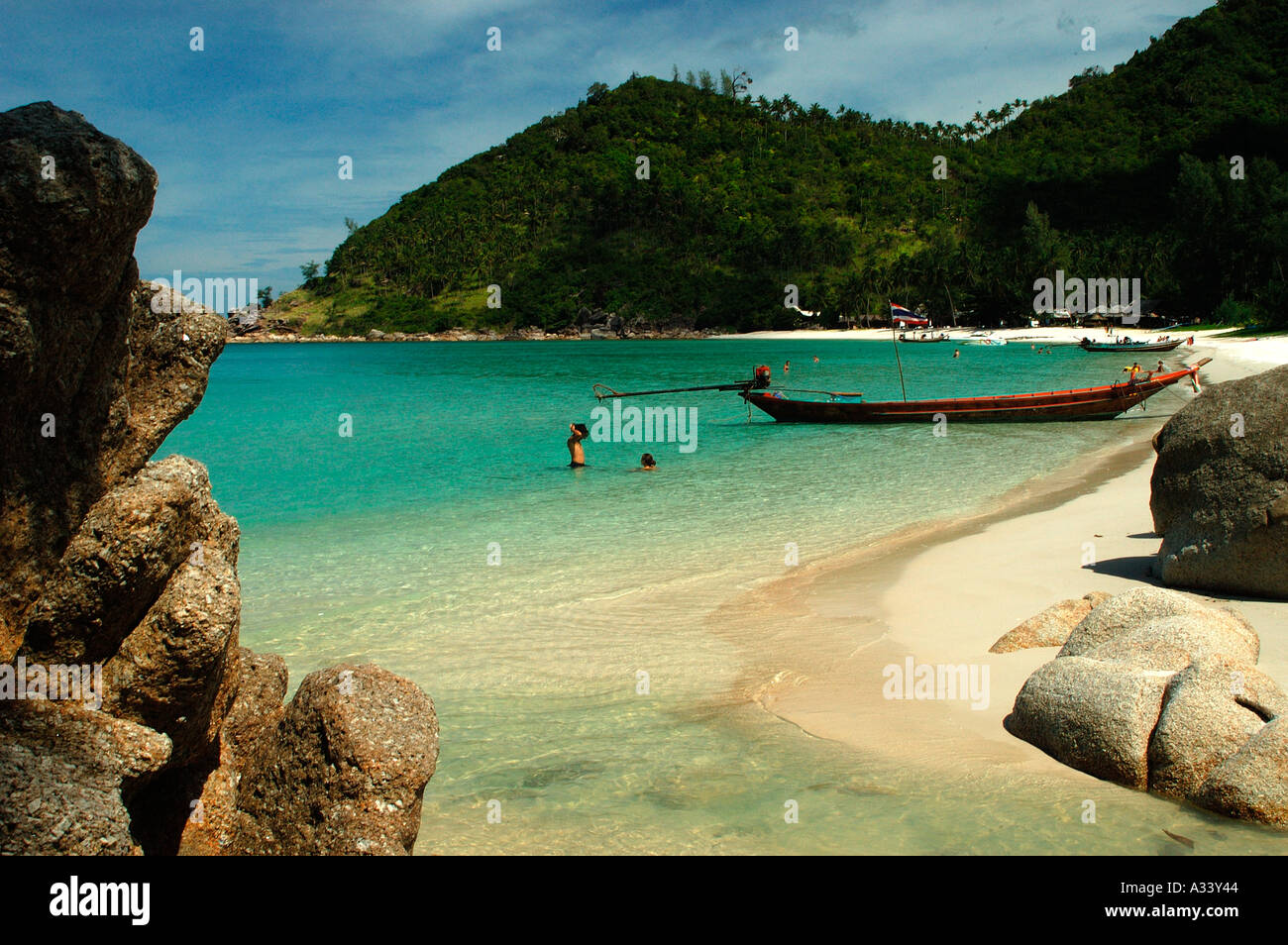 beach boats swimmers Haad Khuad Bottle Beach Koh PhanGan island ...