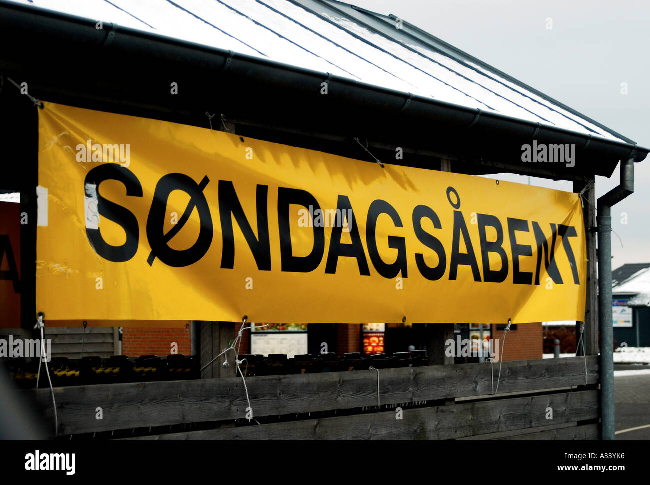 Sign Open sundays Retail shop Supermaket Jutland Denmark Stock Photo ...