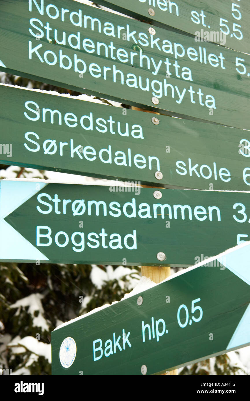 Norway, Oslo, Oslo City. Snow covered public footpath sign after a ...