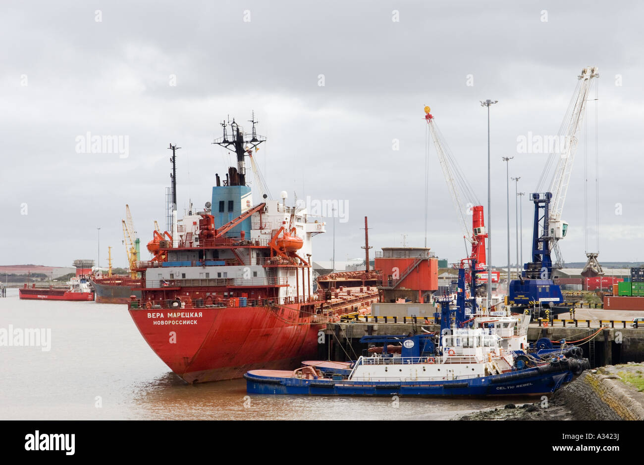Cargo ships unloading at container dock facilities at the port of ...