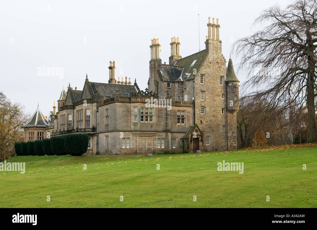 Lauriston Castle, in the west end of Edinburgh, Scotland. 16th C. tower ...