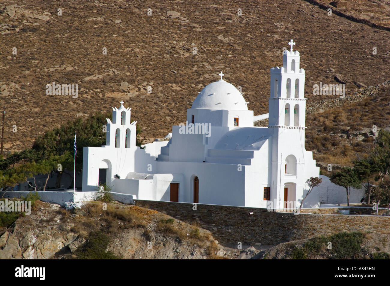 Greece Greek island of IOS from inter island ferry Church chapel Stock ...
